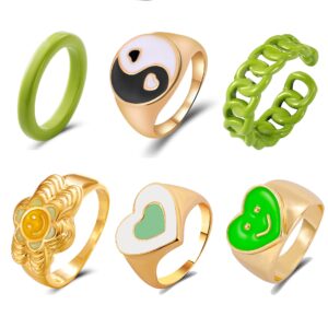 y2k resin rings colorful for women teen girls,chunky rings ying yang trendy smiley face flower heart enamel rings,aesthetic statement stackable ring set rings jewelry (green)