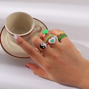 Y2K Resin Rings Colorful for Women Teen Girls,Chunky Rings Ying Yang Trendy Smiley Face Flower Heart Enamel Rings,Aesthetic Statement Stackable Ring Set Rings Jewelry (GREEN)