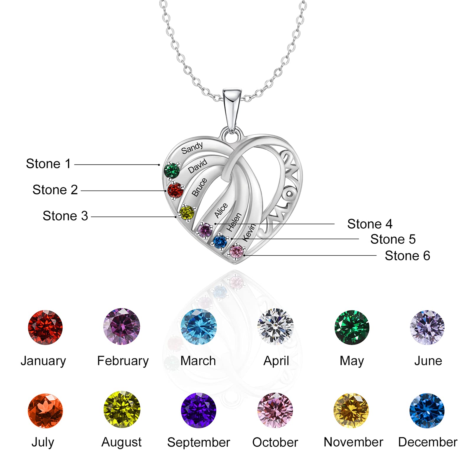 BAUMA AUTO Love Heart Pendant Necklace Mothers Name Necklace with 1-6 Simulated Birthstones Personalized Family Jewelry Gift for Women Mom (6 Names)