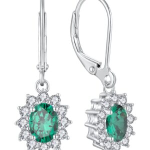 YL Women's Dangle Drop Earrings Sterling Silver Halo Princess Diana Leverback Earrings Created Emerald Jewelry