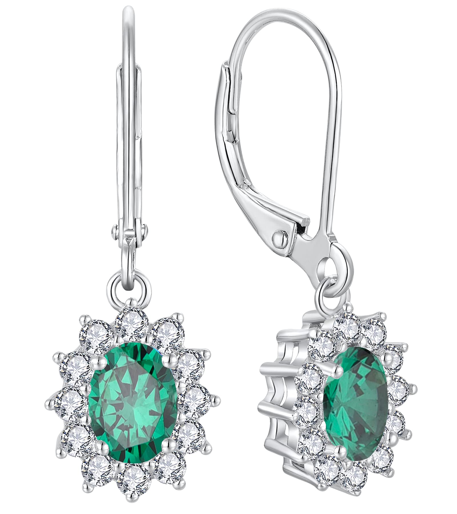 YL Women's Dangle Drop Earrings Sterling Silver Halo Princess Diana Leverback Earrings Created Emerald Jewelry