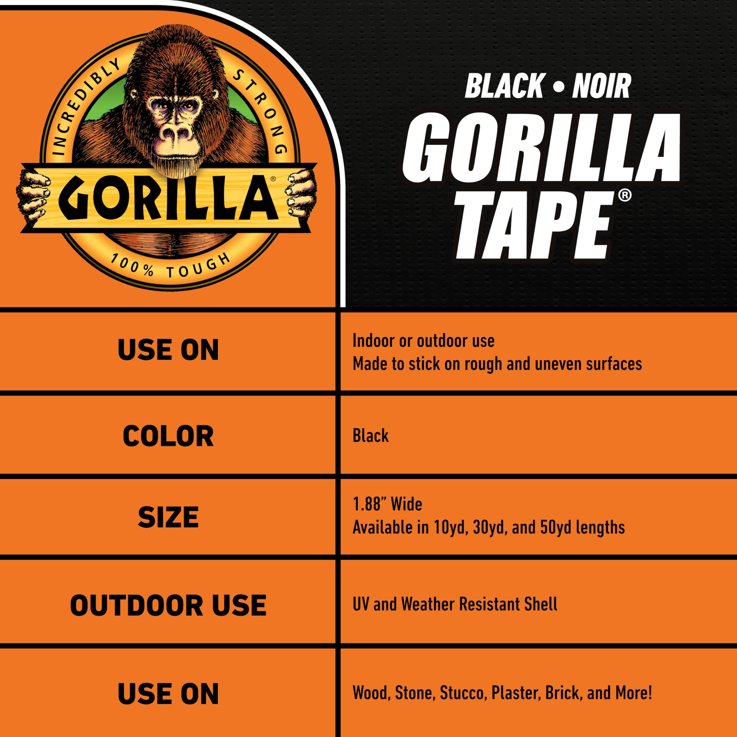 Gorilla Duct Tape, 1.88" x 50yd, Black (Pack of 6)