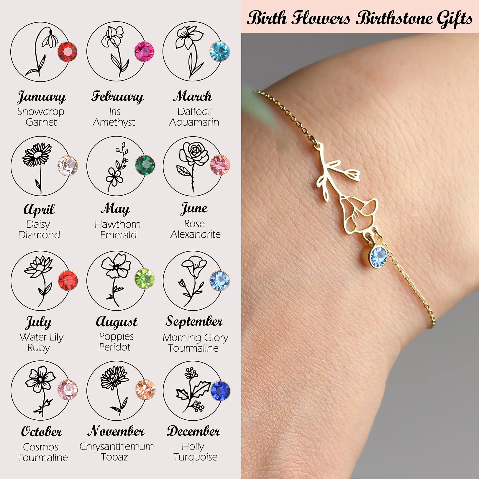 Nupdot March Birth Flower Bracelets, 14K Gold Plated Birth Month Daffodil Floral Birthstone Charm Bracelets Wildflower Jewelry Mar. Birthday Gifts for Women