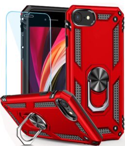 sunstory for iphone se 2022 case, iphone se 2020/8/7 case with hd screen protector & magnetic ring kickstand,[military grade] cover for iphone se 2022/se 2020/8 /7 phone (red)