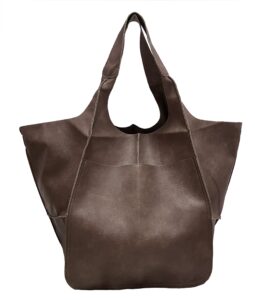 qunsia oversized soft leather shoulder bag foldable hobo bag weekend travel tote (coffee)