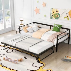 bellemave twin size metal daybed with adjustable trundle, heavy-duty steel daybed with pop up trundle, black