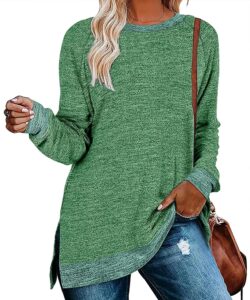 welinco women's long sleeve sweatshirts color block crewneck sweaters tunic tops(green x-large)