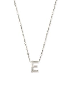 kendra scott letter e pendant necklace for women, fashion jewelry, rhodium-plated brass, rhodium metal, letter e