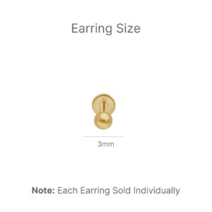 14K Solid Yellow Gold Cartilage Stud Earring 3mm Tragus Helix Ear Piercing Dainty Tiny Ball Earring for Upper Ear Piercing Internally Threaded Flat Back Jewelry Gift For Men Women(Single Piece)