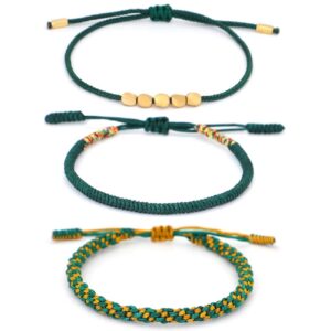 pingyongchang 3 pcs handmade rope red string hand-knitted bracelets tibetan buddhist woven lucky adjustable cotton copper beads bracelets for women men friendship gifts jewelry-green