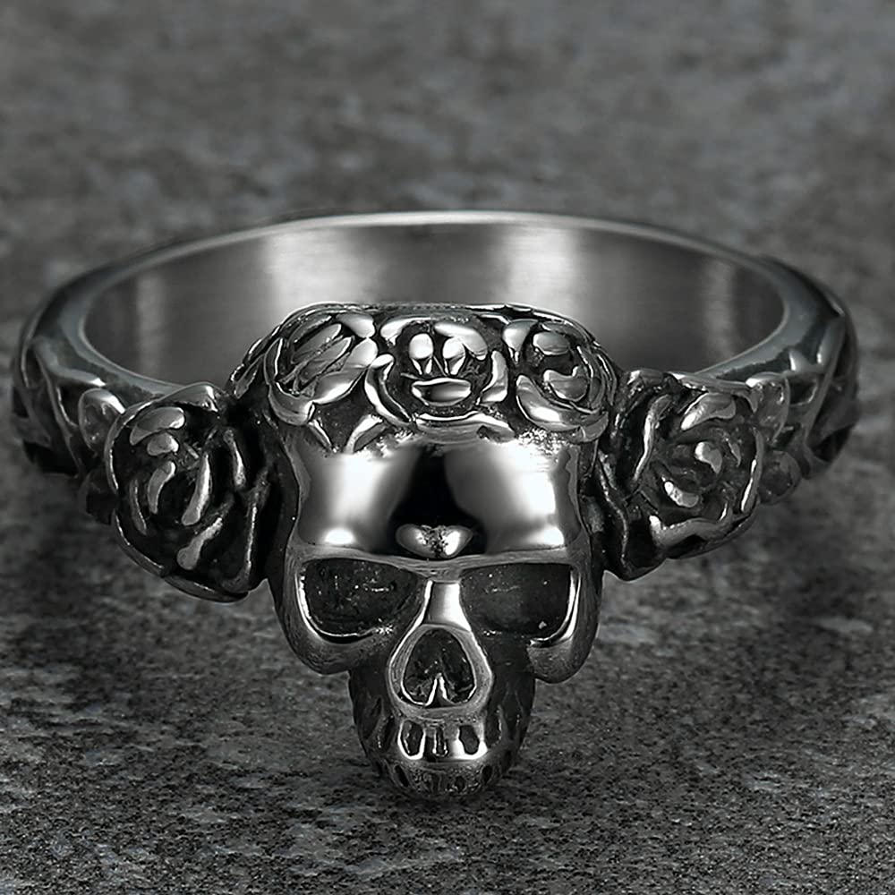 Jude Jewelers Stainless Steel Gothic Skull Head Halloween Biker Cocktail Party Vampire Rock Hiphop Viking Ring (Silver, 7)