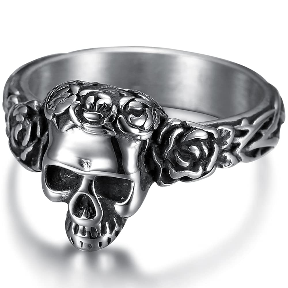 Jude Jewelers Stainless Steel Gothic Skull Head Halloween Biker Cocktail Party Vampire Rock Hiphop Viking Ring (Silver, 7)