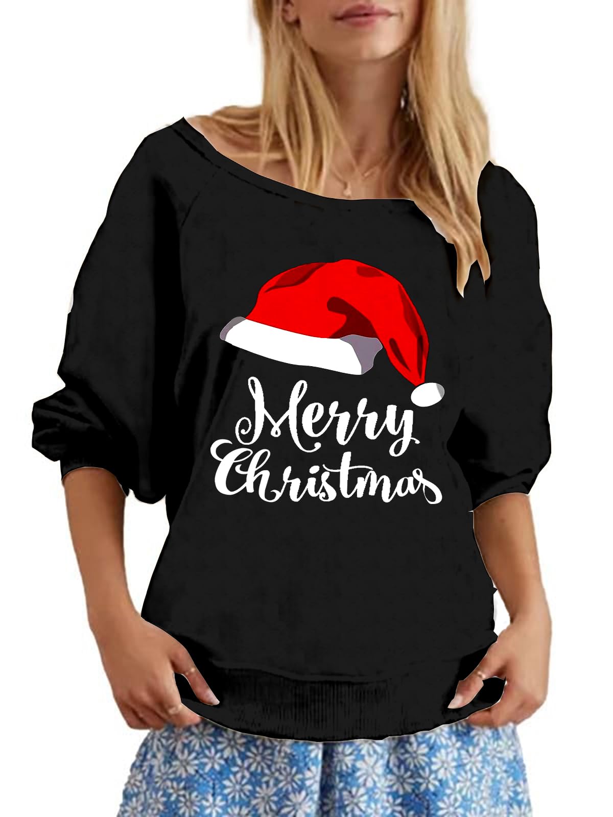 Roshop Womens Off Shoulder Merry Christmas Long Sleeve Sweatshirt CHT XL