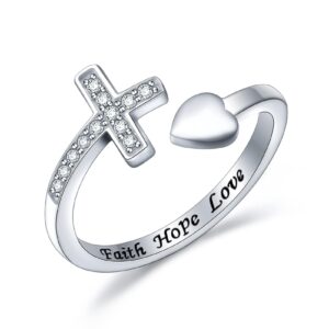 yearace cross rings 925 sterling silver cz adjustable faith hope love cross open ring for women men sideways cross christian religious stackable ring- us size 6