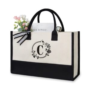 topdesign initial canvas tote bag, personalized present bag, suitable for wedding, birthday, beach, holiday, is a great gift for women, mom, teachers, friends, bridesmaids (letter c)