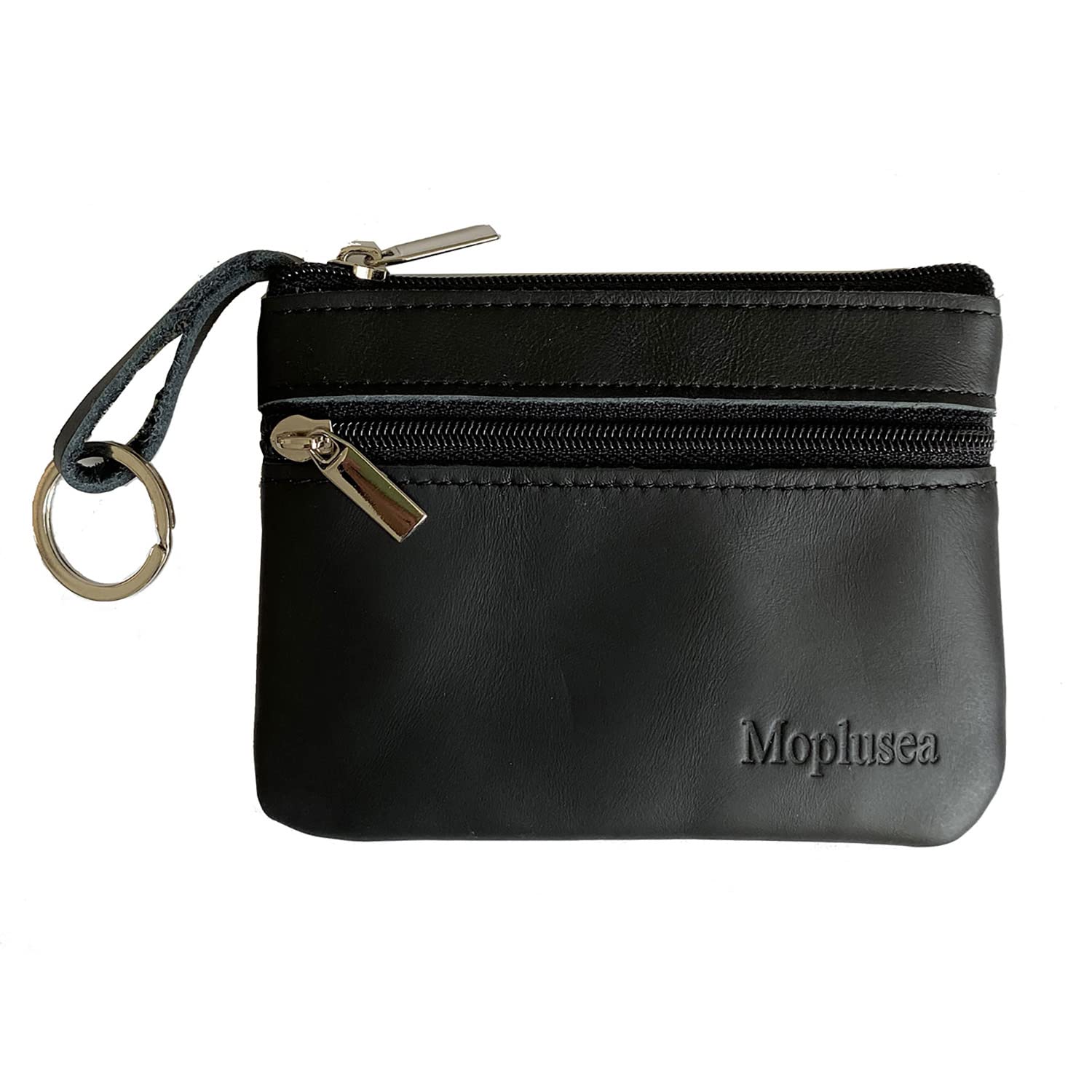 Moplusea Genuine Leather Small Coin Purse Wallet With Keychain Mini Change Purse Coin Pouch Holder For Men (GLCB010 Black)