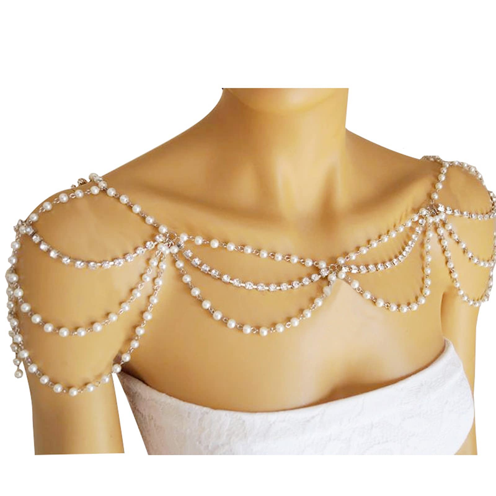 HLONGG Baidicheng Crystal Shoulder Chain Bridal Luxury Rhinestone Wedding Shawl Prom Shawl Party Beaded Shrug Gorgeous Body Chain, White,White