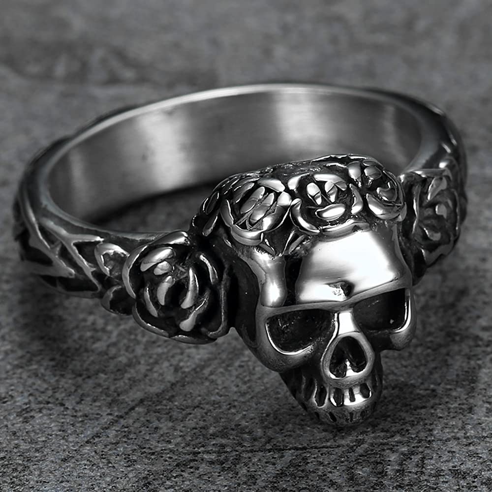 Jude Jewelers Stainless Steel Gothic Skull Head Halloween Biker Cocktail Party Vampire Rock Hiphop Viking Ring (Silver, 7)