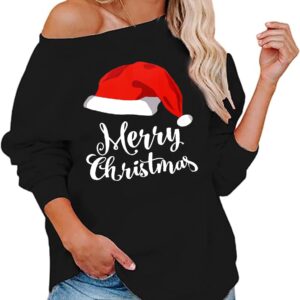 Roshop Womens Off Shoulder Merry Christmas Long Sleeve Sweatshirt CHT XL