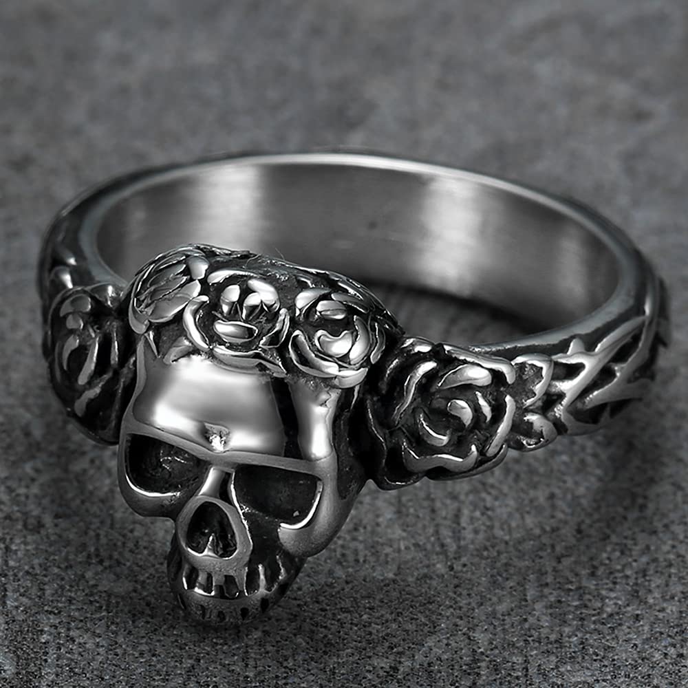 Jude Jewelers Stainless Steel Gothic Skull Head Halloween Biker Cocktail Party Vampire Rock Hiphop Viking Ring (Silver, 7)