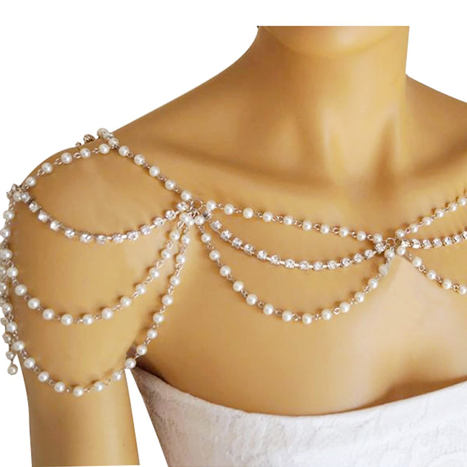 HLONGG Baidicheng Crystal Shoulder Chain Bridal Luxury Rhinestone Wedding Shawl Prom Shawl Party Beaded Shrug Gorgeous Body Chain, White,White