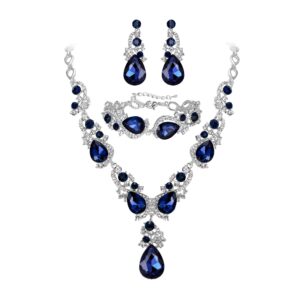 brilove wedding bridal jewelry for women multi teardrop cluster crystal statement necklace dangle earrings link bracelet set navy blue sapphire color silver-tone