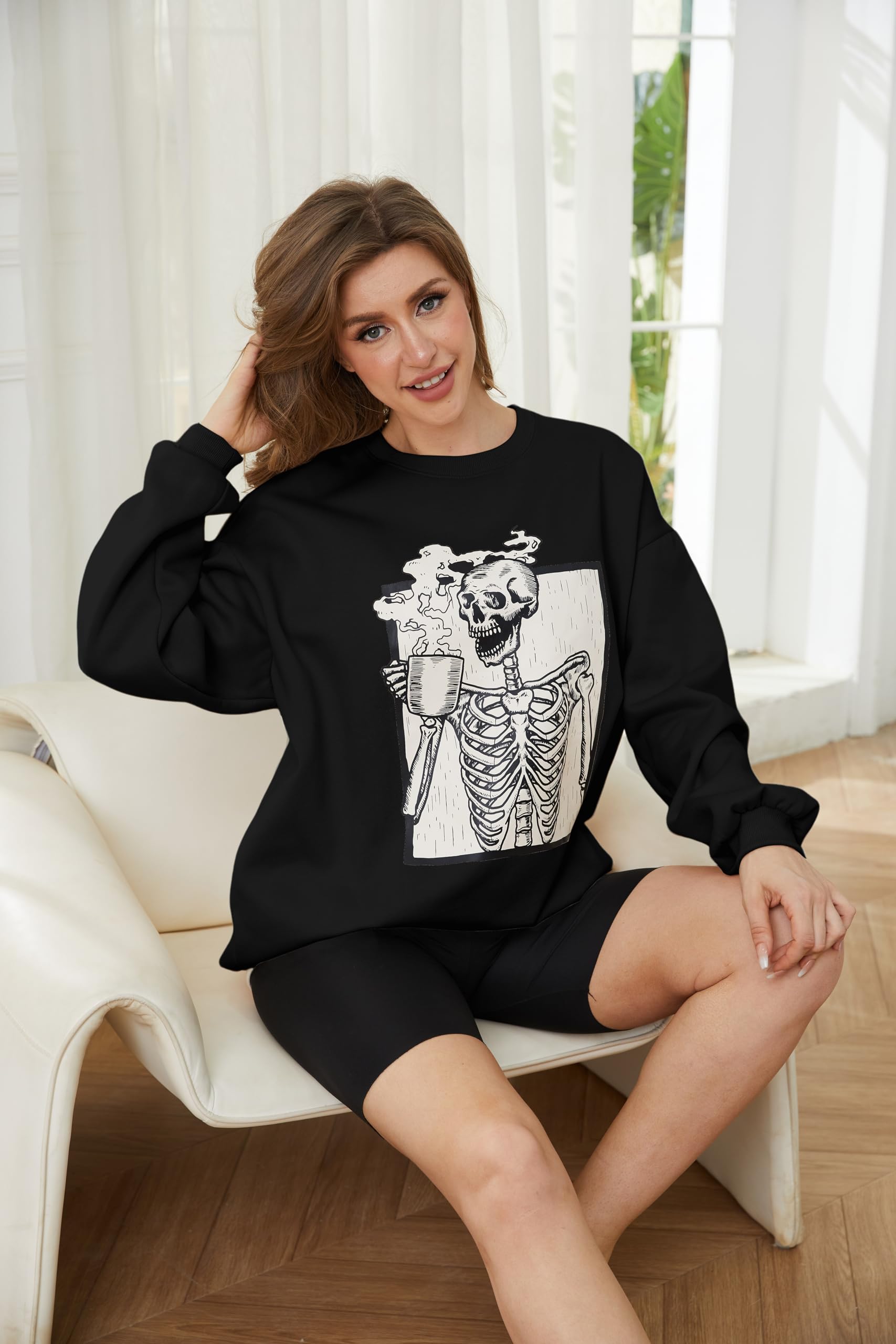 Meladyan womens Halloween Skull Graphic Print Fleece Oversized Sweatshirt Crewneck Long Sleeve Drop Shoulder Pullover, Classic Black, X-Large