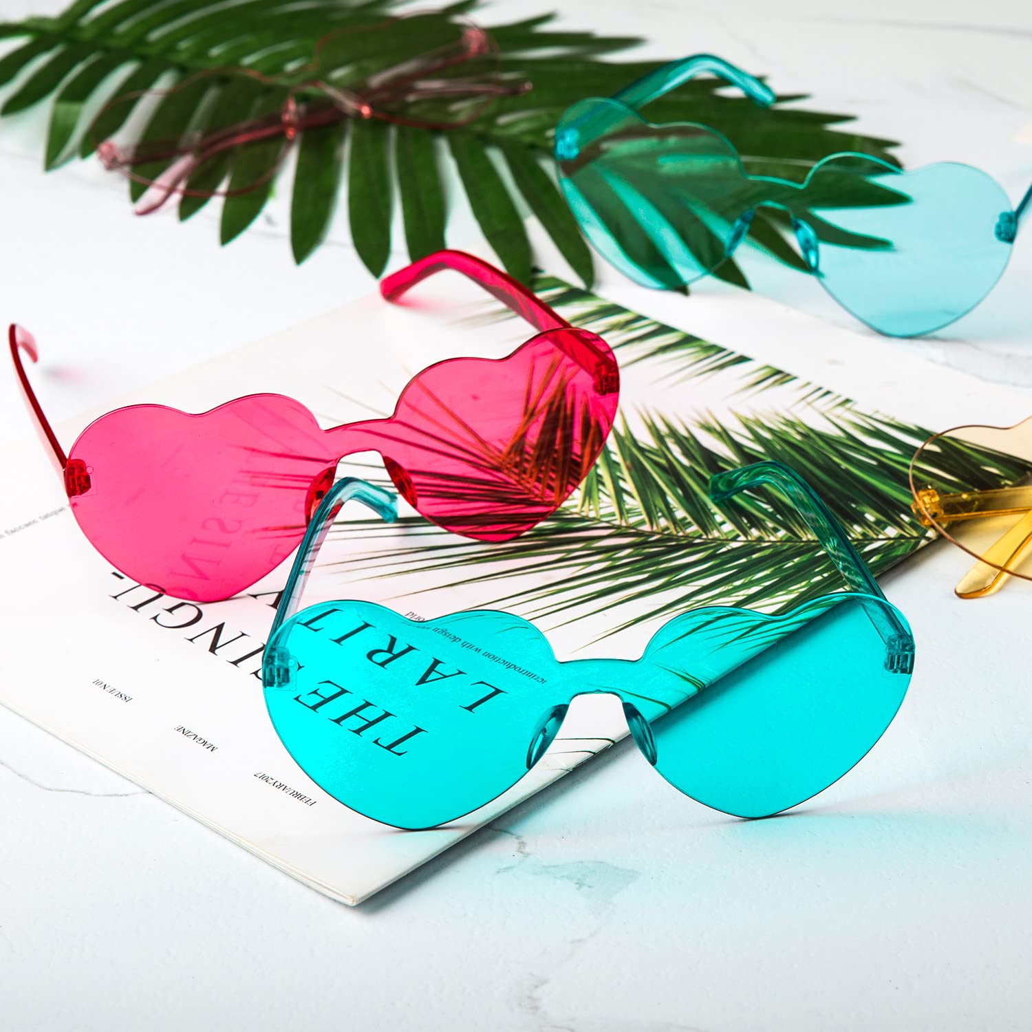 CLESDF Heart Shaped Rimless Sunglasses, 10 Pairs Fun Party Eyewear, Transparent Candy Color Frameless Glasses for Valentine Bachelorette Beach Party Favor