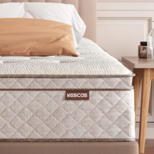 kescas 8 inch memory foam hybrid queen mattress - knitted fabric cover with linen - heavier coils for durable support - pocket innersprings for motion isolation - pressure relieving - medium firm