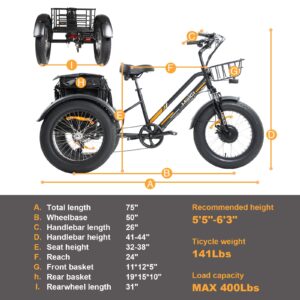 DWMEIGI 3 Wheel Electric Bike for Adult with 750W Motor, 48V 18.2AH Removable Lithium Battery, 20"*4.0 Fat Tire Tricycles for Men Women with Front & Rear Baskets, 7 Speed (Black)