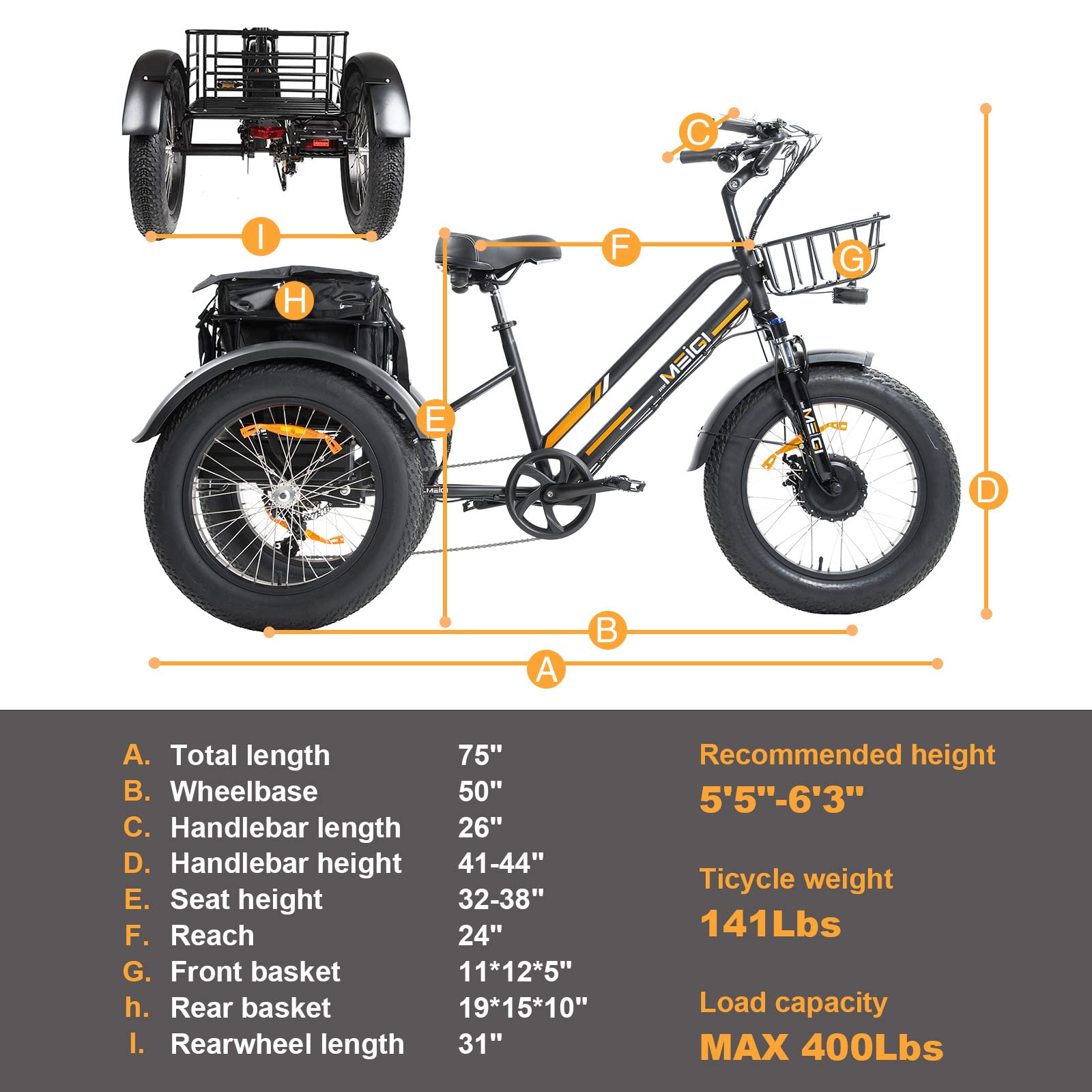 DWMEIGI 3 Wheel Electric Bike for Adult with 750W Motor, 48V 18.2AH Removable Lithium Battery, 20"*4.0 Fat Tire Tricycles for Men Women with Front & Rear Baskets, 7 Speed (Black)