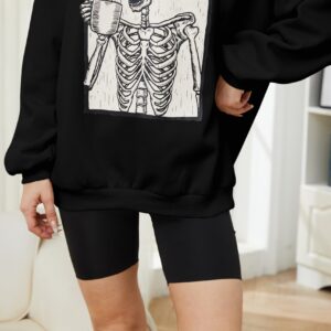 Meladyan womens Halloween Skull Graphic Print Fleece Oversized Sweatshirt Crewneck Long Sleeve Drop Shoulder Pullover, Classic Black, X-Large