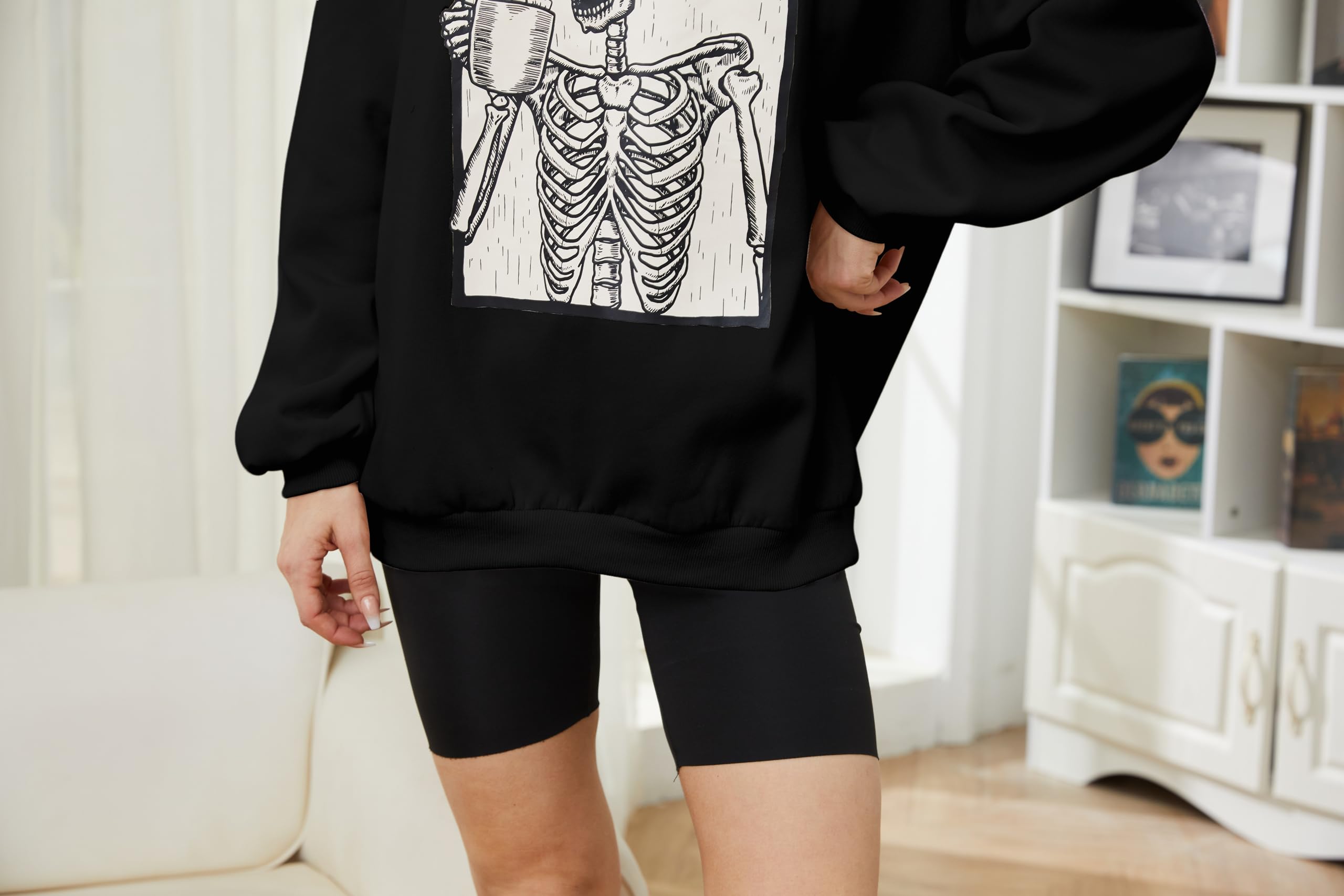 Meladyan womens Halloween Skull Graphic Print Fleece Oversized Sweatshirt Crewneck Long Sleeve Drop Shoulder Pullover, Classic Black, X-Large