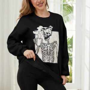 Meladyan womens Halloween Skull Graphic Print Fleece Oversized Sweatshirt Crewneck Long Sleeve Drop Shoulder Pullover, Classic Black, X-Large