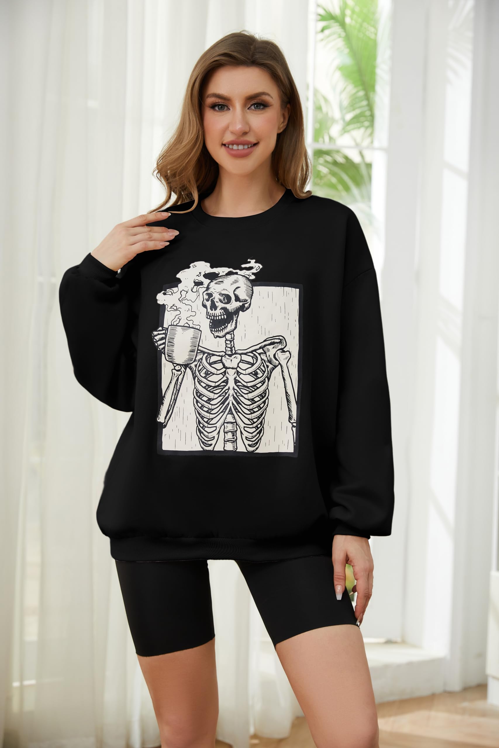 Meladyan womens Halloween Skull Graphic Print Fleece Oversized Sweatshirt Crewneck Long Sleeve Drop Shoulder Pullover, Classic Black, X-Large