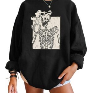 Meladyan womens Halloween Skull Graphic Print Fleece Oversized Sweatshirt Crewneck Long Sleeve Drop Shoulder Pullover, Classic Black, X-Large