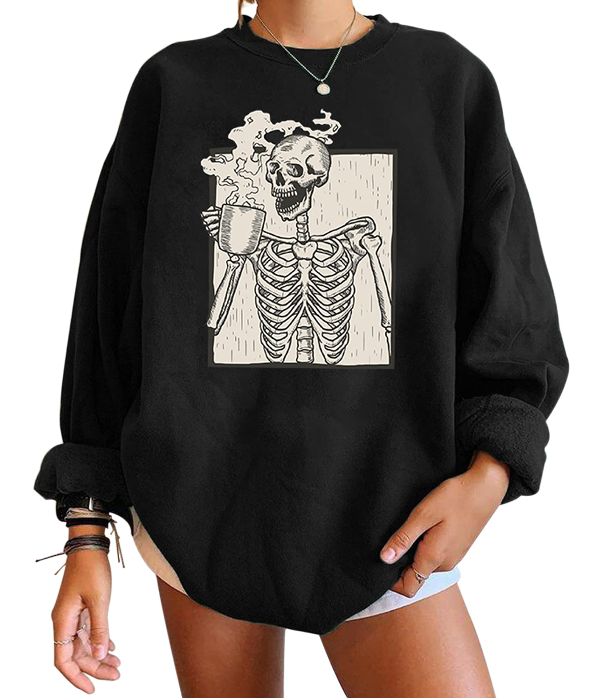 Meladyan womens Halloween Skull Graphic Print Fleece Oversized Sweatshirt Crewneck Long Sleeve Drop Shoulder Pullover, Classic Black, X-Large