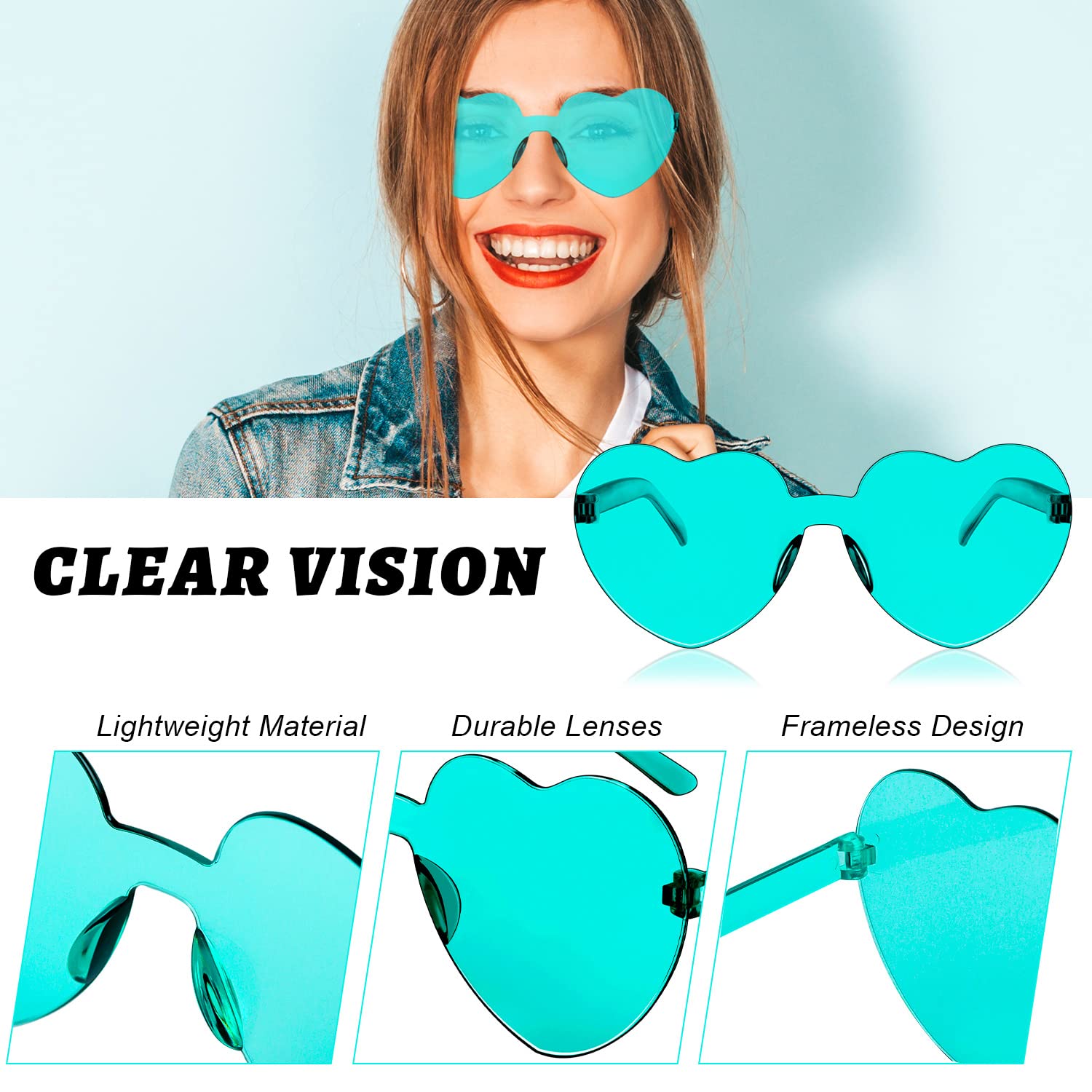 CLESDF Heart Shaped Rimless Sunglasses, 10 Pairs Fun Party Eyewear, Transparent Candy Color Frameless Glasses for Valentine Bachelorette Beach Party Favor