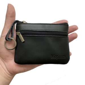 Moplusea Genuine Leather Small Coin Purse Wallet With Keychain Mini Change Purse Coin Pouch Holder For Men (GLCB010 Black)