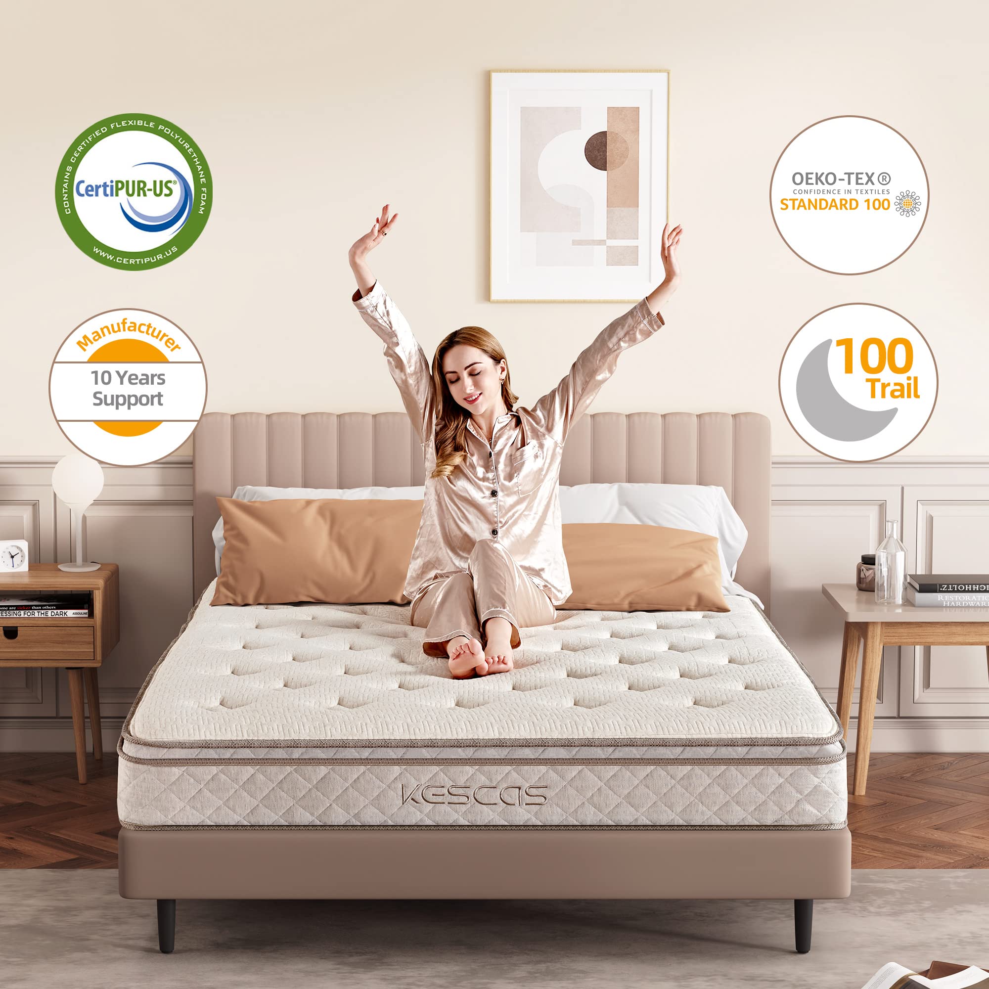 Kescas 8 Inch Memory Foam Hybrid Queen Mattress - Knitted Fabric Cover with Linen - Heavier Coils for Durable Support - Pocket Innersprings for Motion Isolation - Pressure Relieving - Medium Firm