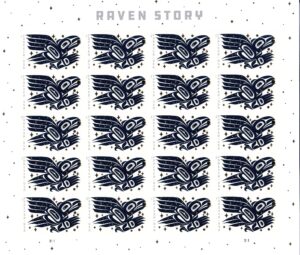 usps raven story forever postage stamps - full sheet of 20 stamps - rico worl | indigenous artwork | american folklore