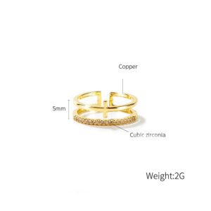 Cross Horizontal Double Line Cubic Zirconia Paved Gold Rings for Teens Girls Women Minimalist Thin Band Hollow Adjustable Hypoallergenic Finger Expandable Sparkly CZ Faith Fashion Statement Wedding