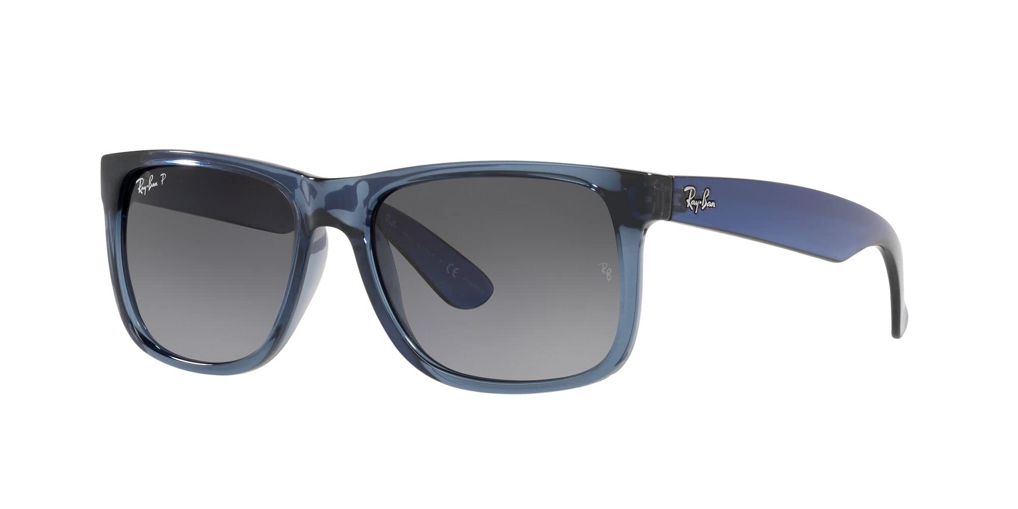 Ray-Ban RB4165 Justin Rectangular Sunglasses, Transparent Blue/Polarized Grey Gradient, 54 mm