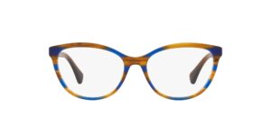 ralph by ralph lauren women's ra7134 cat eye prescription eyewear frames, striped brown blue/demo lens, 54 mm