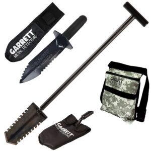 garrett razor relic shovel, garrett edge digger, and camo digger's pouch