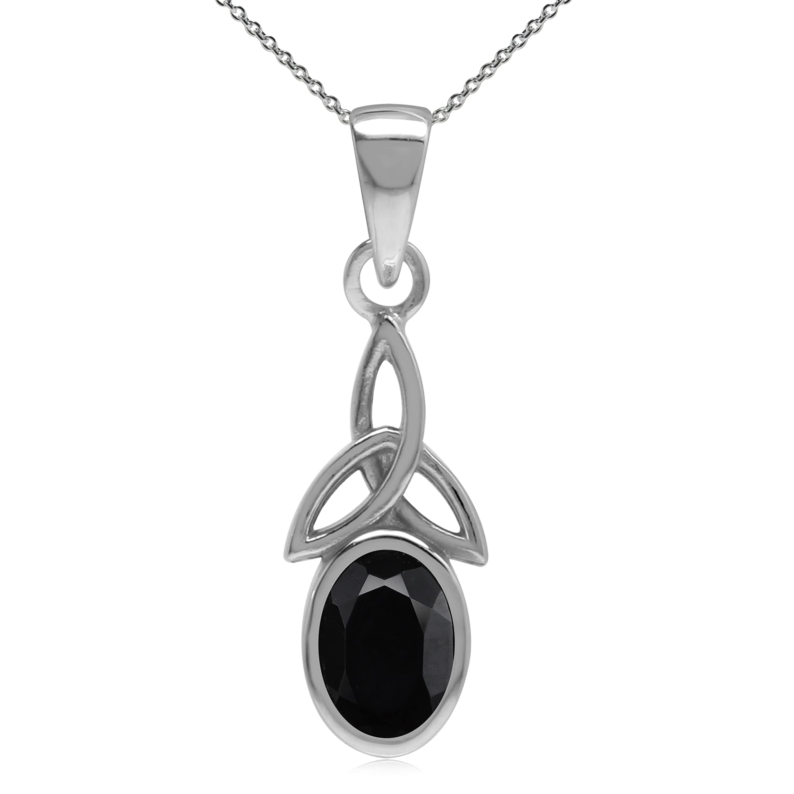 Silvershake Natural Black Onyx 925 Sterling Silver Triquetra Celtic Knot Pendant with 18 Inch Chain Necklace