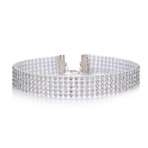 faruodis rhinestone choker necklace wide crystal choker necklace 5row-8row diamond collar jewelry silver plated for women (5 row)