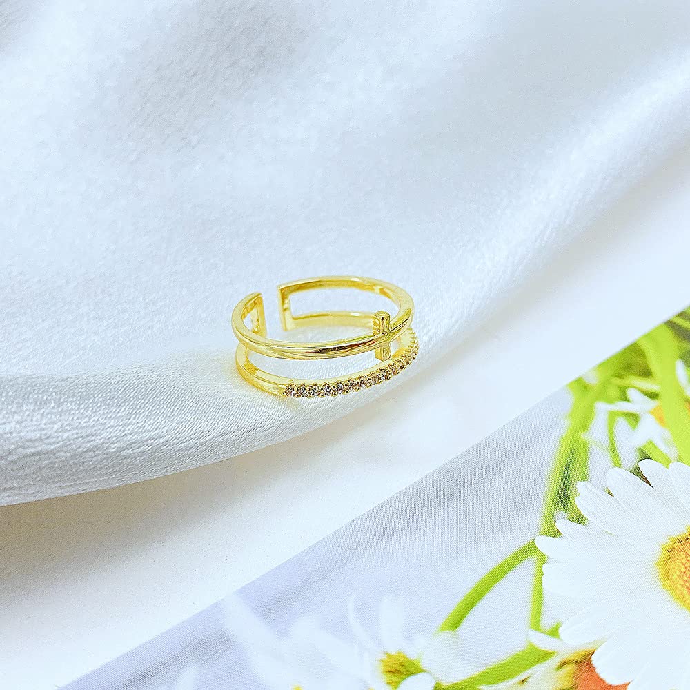 Cross Horizontal Double Line Cubic Zirconia Paved Gold Rings for Teens Girls Women Minimalist Thin Band Hollow Adjustable Hypoallergenic Finger Expandable Sparkly CZ Faith Fashion Statement Wedding