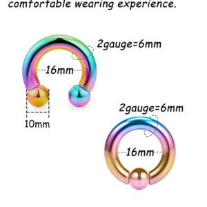 Tvalccoy 2g 2 Gauge Big Heavy Nose Septum Hoop Ring Ear Earrings Stretching Kit for Men Rainbow Surgical Stainless Steel Captive Bead Prince Albert Pa Piercing Jewelry