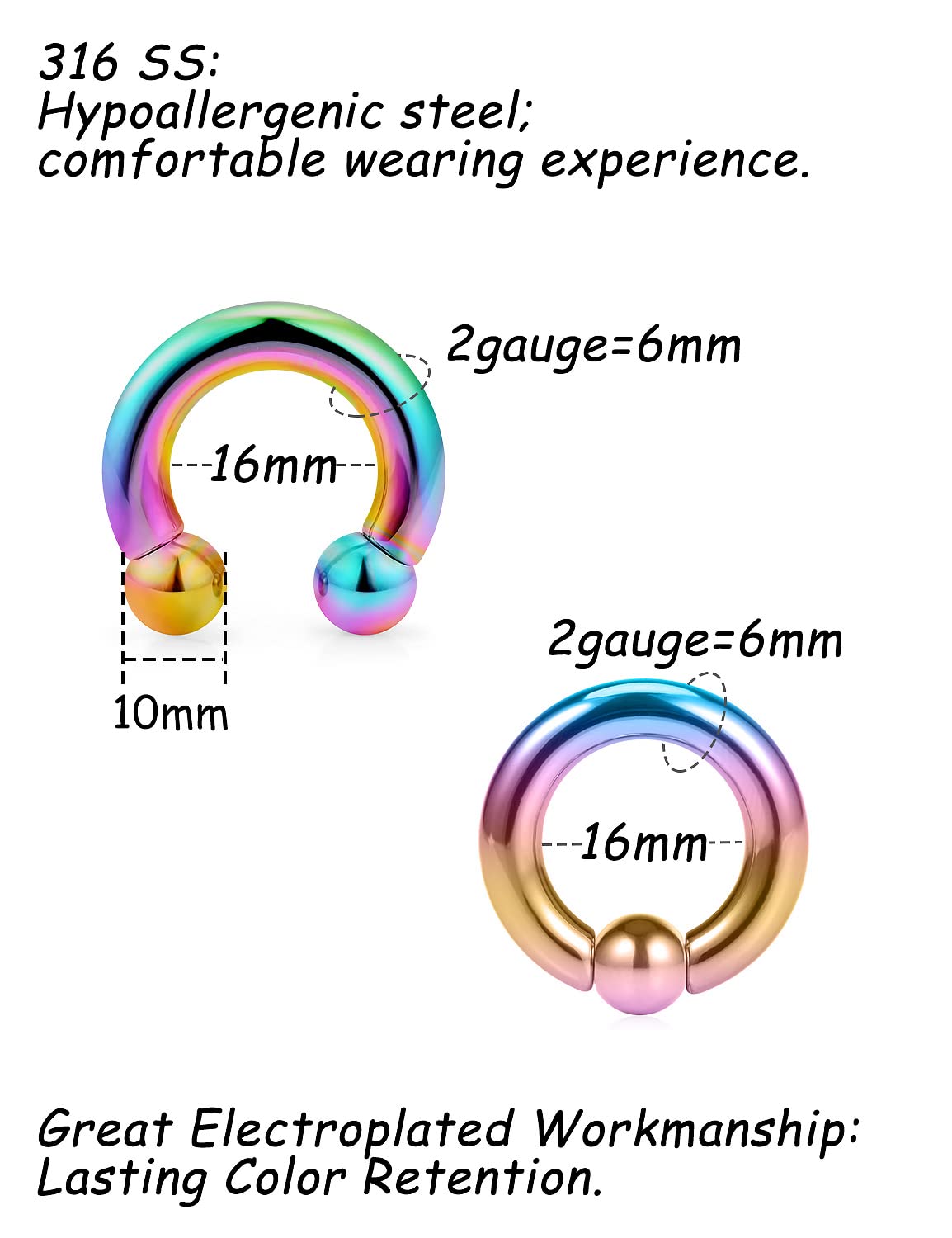 Tvalccoy 2g 2 Gauge Big Heavy Nose Septum Hoop Ring Ear Earrings Stretching Kit for Men Rainbow Surgical Stainless Steel Captive Bead Prince Albert Pa Piercing Jewelry